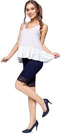 FUTURO FASHION Legging court dété pour femme avec dentelle florale en coton uni LKL, bleu marine, 40