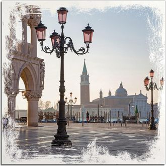 Wallario Wandbild aus Holz Venedig - Dogenpalast, Markusplatz und San Giorgio Maggiore II - 40 x 40 cm in Premium-Qualität: Brillante Farben