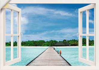Artland ARTland Wanddeko Wandtattoo selbstklebende Vinylfolie 100x70 cm Fensterblick Fenster Malediven Strand Meer Maritim Urlaub T6AH