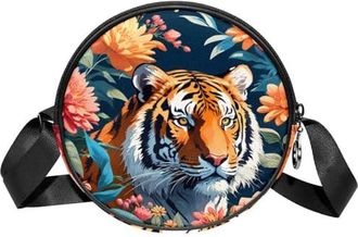 Generic Petit sac &agrave; bandouli&egrave;re rond pour femme, motif fleur de tigre, sac &agrave; dos avec fermeture &eacute;clair, bretelles r&eacute;glables, sac &agrave; main rond d&eacute;contract&eacute; pour 