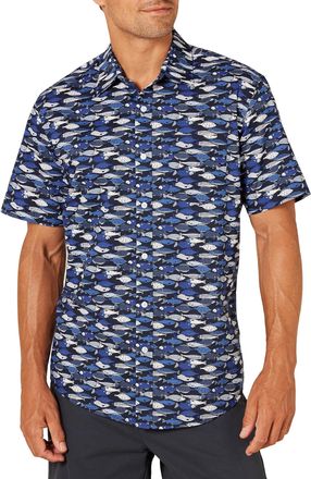 Amazon Essentials Herren Kurzärmeliges Hemd mit Aufdruck, Normale Passform, Blau Fisch, XXL