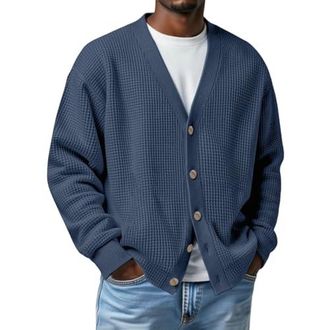Generic Cardigan en tricot gaufr&eacute; textur&eacute; &agrave; manches longues et col en V pour homme, noir fonc&eacute;, XXL