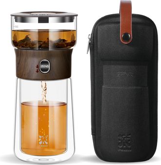Zens Klein Solo Teekanne Glas f&uuml;r Losen Tee Zubereitung, One-Touch-Dr&uuml;cker-Teekanne mit 270ml Isolierter Tasse f&uuml;r das B&uuml;ro Teezubereitung, Teezubereiter m
