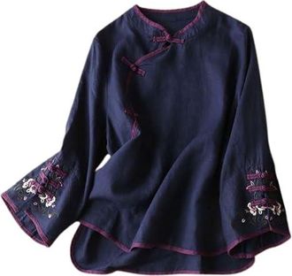 Generic T-shirt pour femme printemps nouveau style ethnique r&eacute;tro temp&eacute;rament broderie ample et confortable Chemise fine &agrave; manches longues Top, Marine, XXL