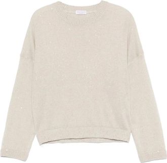 Brunello Cucinelli Femme, Pulls, Gris, Taille: 40 FR Pull Col Rond en Lin et Soie Beige Clair