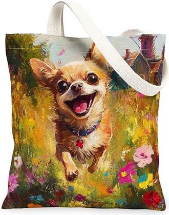 Generic Sac fourre-tout en toile motif chihuahua printanier pour faire du shopping, 33 x 38,1 cm, sac d&eacute;picerie r&eacute;utilisable pour femme, motif floral, plage, 