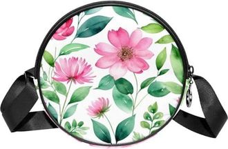 Generic Petit sac &agrave; bandouli&egrave;re circulaire pour femme, motif feuilles florales, sac &agrave; dos avec fermeture &eacute;clair, bretelles r&eacute;glables, sac &agrave; main rond d&eacute;contra