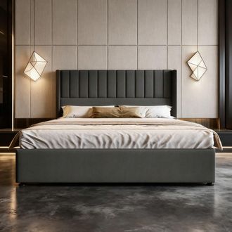 Generic Praktisches Stauraumbett mit Hydraulik-Funktion - 160x200 cm Doppelbett in Grauleinen - Mit Holzlattenrost & Metallrahmen