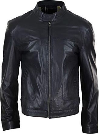 Infinity Leather Blouson pour Homme Classique décontracté en Cuir véritable Style Biker rétro sans col - Noir 4XL