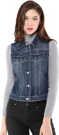 Allegra K Gilet en Denim Délavé Boutonné Femme Veste en Jean sans Manches avec Poches à Rabat Bleu L