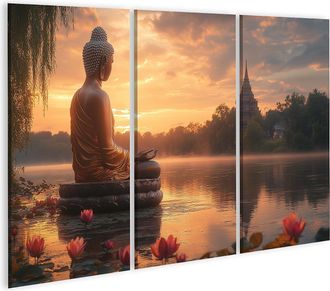 Islandburner Bild auf Leinwand Buddha am See bei Sonnenuntergang ruhige Lotusblüten im Vordergrund Bilder Wandbilder Poster