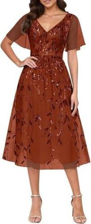 Generic Robe de soir&eacute;e formelle en tulle &agrave; paillettes pour femme Longueur th&eacute; M&egrave;re de la mari&eacute;e, orange br&ucirc;l&eacute;, 56 Grande taille