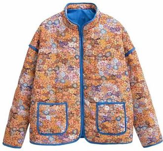 Generic Veste matelassée courte pour femme - Imprimé floral vintage - Veste matelassée décontractée ouverte sur le devant, Orange, XS