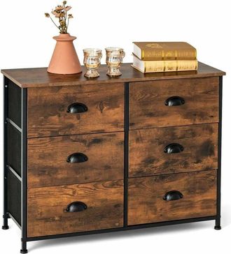 Costway Commode Meuble de Rangement-6 Tiroirs en Tissu, 80 cm x 30 cm x 63 cm, Cadre en Métal, Surface en mdf, Brun Rustique&Noir - Costway