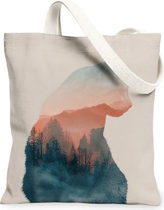 Generic Artistic Bear Sacs fourre-tout en toile, motif for&ecirc;t vintage, sacs d&eacute;picerie r&eacute;utilisables, l&eacute;gers et lavables pour les voyages en plein air, beige, 1