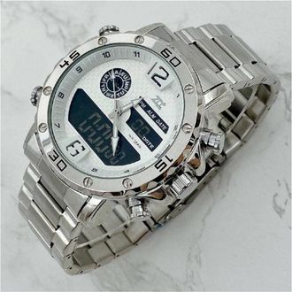 Trade Shop Zcc Montre Bracelet Homme Acier Double Heure Date Alarme Waterproof Argent Blanc