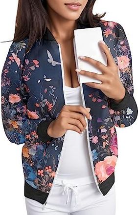 Generic Manteau pour Femmes Vestes Quotidiennes appropriées Veste zippée légère Manteau imprimé Fleuri col Montant vêtements de Sport Courts Coupe Vent Imperm