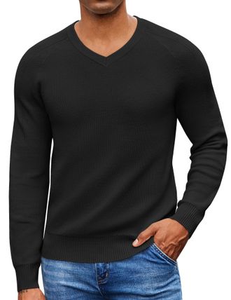 Coofandy Herren V-Ausschnitt Pullover Langarm Feinstrick Pullover Basic Sweater Schwarz XXL