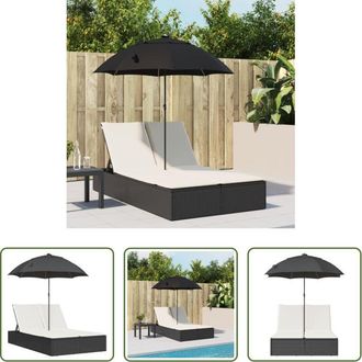 vidaXL Sonnenschirm - Doppel-Sonnenliege mit Kissen&Sonnenschirm Schwarz Poly Rattan