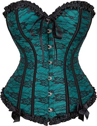 Grebrafan Vintage Corset Bustier Dentelle Rockabilly (EUR(34-36) M, Noir Vert)
