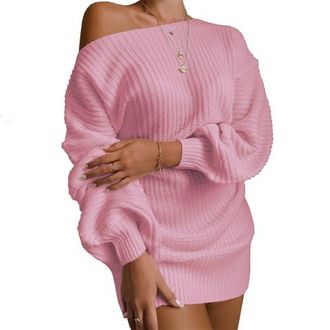 Generic Robe pull &agrave; manches longues et &eacute;paules d&eacute;nud&eacute;es pour femme, robe d&eacute;contract&eacute;e &agrave; manches longues en tricot &eacute;pais pour lautomne et lhiver, rose, 3XL