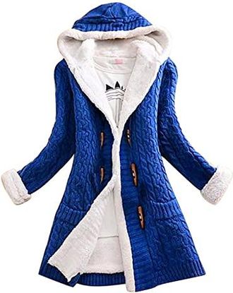 Generic Veste en tricot longue pour femme avec capuche, veste en polaire avec boutons en corne, doublure en peluche, veste en gros tricot capuche veste en pel