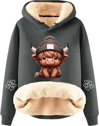 Generic Hoodies en sherpa Highland Cow pour femmes UK, pulls de No&euml;l doubl&eacute;s en polaire pour lautomne et lhiver, sweats &agrave; capuche doux et chauds &agrave; manches lon