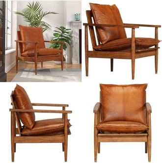 vidaXL Sessel Braun Echtleder mit Akazienholz - Ledersessel - Echtleder Sessel - Wohnzimmersessel - Sessel Braun - Akzidenzholzesel - Home & Living