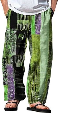 Generic Pantalon en lin pour homme - Pantalon patchwork l&eacute;ger - Pantalon d&eacute;t&eacute; avec cordon de serrage - Pantalon de fitness - Pantalon de p&ecirc;che - Pantalon hipp