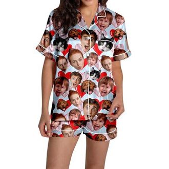 Generic Haut de pyjama en satin &agrave; manches courtes et boutonni&egrave;re, short assorti. V&ecirc;tement de nuit doux et imprim&eacute; pour femme., bleu ciel, XXL