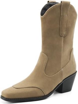 Generic Bottes Western Cowboy Femme Mi-Mollet en Daim Bout Pointu Dessus en Daim Durable Talons Moyens Blocs À Enfiler Chaussures Décontractées Quotidiennes,A