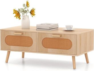 Costway Costway - Table Basse Bois, Table Basse Rotin Cannage avec 2 Tiroirs, Compartiment Arrière, Pieds en Bois Massif, Table Basse Salon Bohème pour