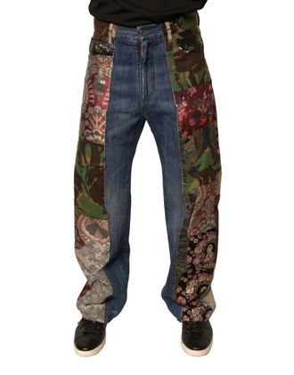 Dolce & Gabbana Mens Blue Patchwork Cotton Straight Denim Jeans Clothing