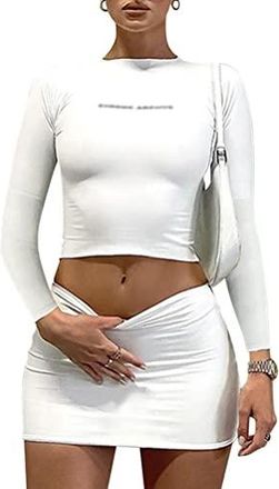 Onsoyours Ensemble Femme Sexy Chic de 2 Pcs Crop-Top Tricoté à Manches Longues + Mini Jupe Crayon Moulante A Blanc S