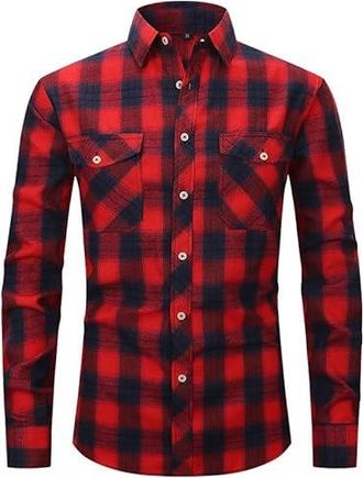 Generic T-shirt à manches longues pour homme - Chemise à carreaux décontractée à carreaux - Chemisier à revers boutonné régulier - Robe de mariage - T-shirt d