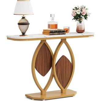 Tribesigns Tribesigns Gold Konsolentisch, Faux Marmor schlanke Eingangstisch mit geometrischen Metall Basis, Moderne hinter Couch Tisch schmal Lange Sofa