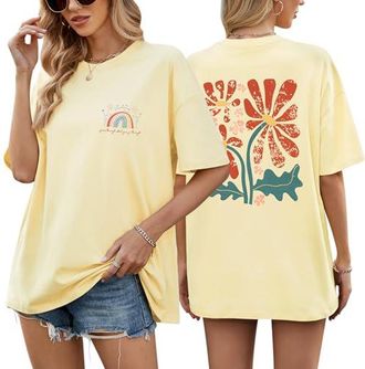 Heekpek T Shirt Femme Oversize Tr&egrave;s Large Teeshirt Coton Col Rond T-Shirt Manches Courtes Chic Imprim&eacute; D&eacute;contract&eacute; Grande Taille Haut Femme Ete, Abricot, XL