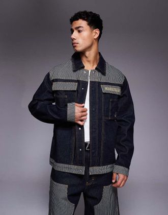 Icecream Trucker-Jeansjacke mit kontrastierendem Hickory-Einsatz in Indigoblau-Marineblau