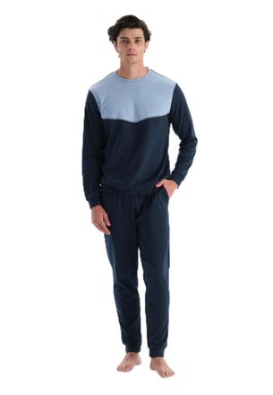 Dagi Mens Indigo Melange Crew Neck Long Sleeve Pajama Set with Jogger Pants, 2XL