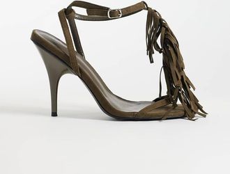 KAIIA exklusive High Heels aus Wildlederimitat mit Riemchen und Fransen in Olivgr&uuml;n-Multi
