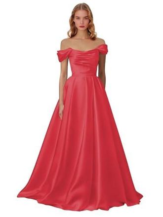 Generic Robe de bal longue froncée en satin à épaules dénudées pour femme avec poches, corail, 56 Grande taille