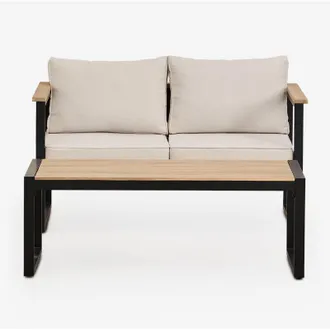 Sklum Lipov 2-Sitzer-Gartensofa und Couchtisch-Set aus Aluminium und Akazienholz 110x55cm Schwarz