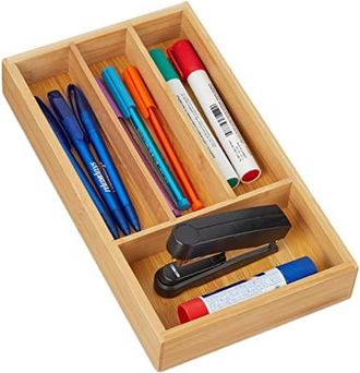 Relaxdays Schubladenorganizer aus Bambus, 4 Fächer, HxBxT: 4 x 16 x 28 cm, Schubladeneinsatz für Büro & Zuhause, Natur