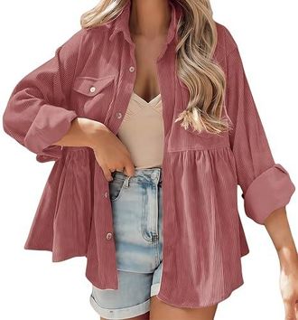 Ocean Plus Femmes Manches Longues Velours C&ocirc;tel&eacute; Revers Volants Blouses avec Boutonni&egrave;re Type L&acirc;che Chemise en Velours C&ocirc;tel&eacute; Chemise Simple avec Plus De Boutons