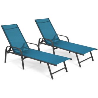 IDMarket Set aus 2 verstellbaren Gartenliegen FIDJI aus anthrazitgrauem Stahl und duckblauem Stoff