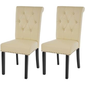 Hhg 2er-Set Esszimmerstuhl Chesterfield Edinburgh ii, Stuhl K&uuml;chenstuhl, Nieten Kunstleder, creme, dunkle Beine