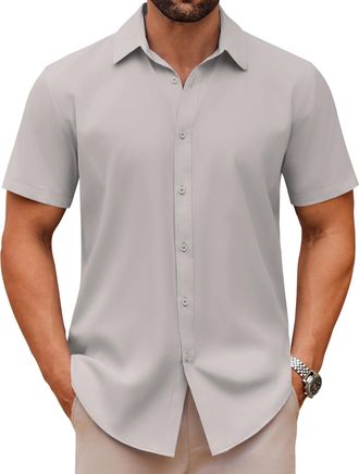 Coofandy Hemd Herren Kurzarm Sommerhemd Bügelleichte Businesshemd Freizeithemd Regular Fit Kurzarmhemd Arbeitshemd Casual Hemd Hellgrau XXL
