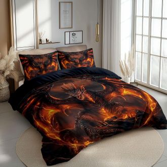 Generic Bettwäsche 150 x 200 cm Bettbezug Fantasie Flammender Schwarzer Drache Muster Bettwäsche-Set 3 Teilig Mit 2 Kissenbezug 80x 80 cm für Kinder Jungen Mä