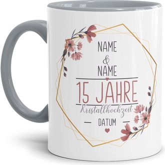 Tassendruck Tasse zum Hochzeitstag Kristall Hochzeit - mit Name & Datum selbst gestalten - 15 Jahre Ehe, Paar, Geschenk Hochzeit, Jubiläum, Jahrestag I Personalis