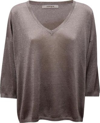 KANGRA Femme, Pulls, Beige, Taille: 44 FR Maglia ICA 3/4 V-neck Lurex Sweater